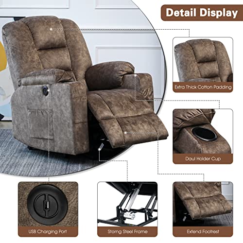 Power Lift Recliner Chair for Elderly Electric Massage Sofa with Heated Vibration,Side Pockets,Cup Holders, USB Ports,Massage Remote Control,Fabric Home Theater Seat Living Room Reclining Bed(Brown A)