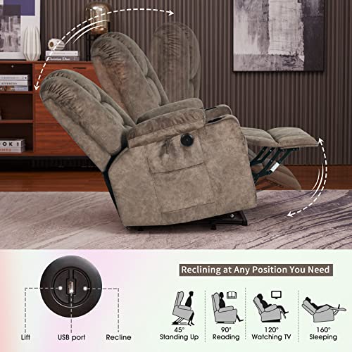 Power Lift Recliner Chair for Elderly Electric Massage Sofa with Heated Vibration,Side Pockets,Cup Holders, USB Ports,Massage Remote Control,Fabric Home Theater Seat Living Room Reclining Bed(Brown A)