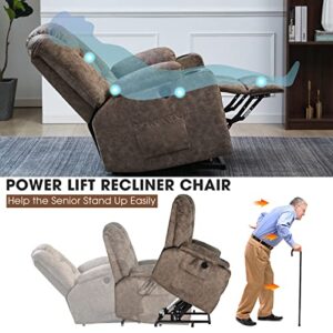 Power Lift Recliner Chair for Elderly Electric Massage Sofa with Heated Vibration,Side Pockets,Cup Holders, USB Ports,Massage Remote Control,Fabric Home Theater Seat Living Room Reclining Bed(Brown A)