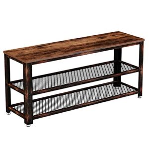 rolanstar shoe bench, 3-tier shoe rack, 39.4” storage entry bench with mesh shelves wood seat, rustic foyer bench for hallway front door, doorway, living room, mudroom, steel frame, rustic brown