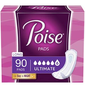 poise incontinence pads for women, ultimate absorbency, long, original design, 90 count (2 packs of 45) (packaging may vary)