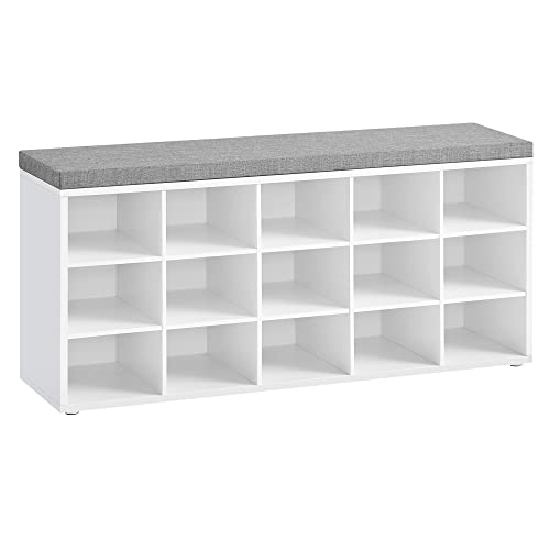 VASAGLE Shoe Bench, Storage Bench, Shoe Rack Bench, Shoe Shelf, Storage Cabinet, 15 Compartments, with Cushion, for Entryway, 11.8 x 41.3 x 18.9 Inches, White and Gray ULHS15WT