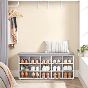 VASAGLE Shoe Bench, Storage Bench, Shoe Rack Bench, Shoe Shelf, Storage Cabinet, 15 Compartments, with Cushion, for Entryway, 11.8 x 41.3 x 18.9 Inches, White and Gray ULHS15WT