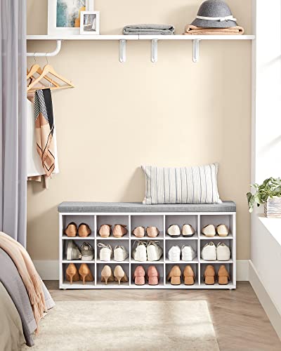 VASAGLE Shoe Bench, Storage Bench, Shoe Rack Bench, Shoe Shelf, Storage Cabinet, 15 Compartments, with Cushion, for Entryway, 11.8 x 41.3 x 18.9 Inches, White and Gray ULHS15WT