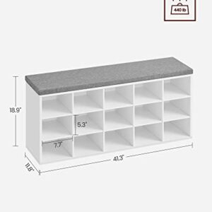 VASAGLE Shoe Bench, Storage Bench, Shoe Rack Bench, Shoe Shelf, Storage Cabinet, 15 Compartments, with Cushion, for Entryway, 11.8 x 41.3 x 18.9 Inches, White and Gray ULHS15WT