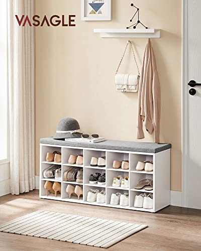 VASAGLE Shoe Bench, Storage Bench, Shoe Rack Bench, Shoe Shelf, Storage Cabinet, 15 Compartments, with Cushion, for Entryway, 11.8 x 41.3 x 18.9 Inches, White and Gray ULHS15WT