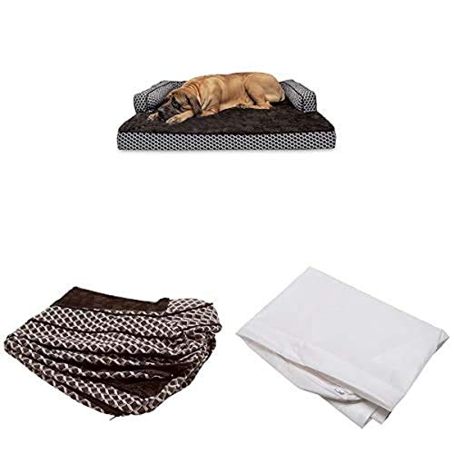 Furhaven Pet Bundle - Jumbo Plus Diamond Brown Orthopedic Plush Faux Fur & Décor Comfy Couch Sofa, Extra Dog Bed Cover, & Water-Resistant Mattress Liner for Dogs & Cats