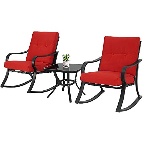 SOLAURA 3-Piece Outdoor Rocking Chairs Bistro Set, Black Iron Patio Furniture with Red Thickened Cushion & Glass-Top Coffee Table