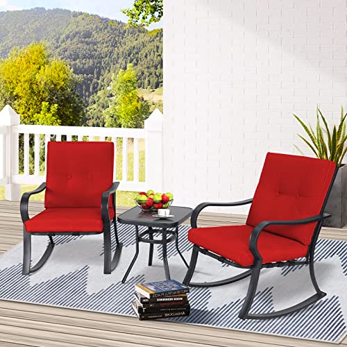 SOLAURA 3-Piece Outdoor Rocking Chairs Bistro Set, Black Iron Patio Furniture with Red Thickened Cushion & Glass-Top Coffee Table