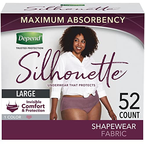 Depend Silhouette Adult Incontinence and Postpartum Underwear for Women, Maximum Absorbency, Large (40–52" Waist), Berry, 52 Count (2 Packs of 26)