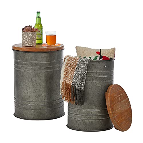 glitzhome Rustic Storage Ottoman Seat Stool, Farmhouse Nesting End Table, Galvanized Barrel Metal Accent Side Table Toy Box Bin with Round Wood Lid for Living Room Furniture, Set of 2, Grey