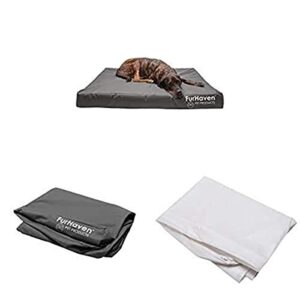 furhaven pet bundle – jumbo plus stone gray deluxe memory foam water-resistant indoor outdoor logo print mattress, extra dog bed cover, & water-resistant mattress liner for dogs & cats