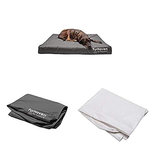 Furhaven Pet Bundle - Jumbo Plus Stone Gray Deluxe Memory Foam Water-Resistant Indoor Outdoor Logo Print Mattress, Extra Dog Bed Cover, & Water-Resistant Mattress Liner for Dogs & Cats