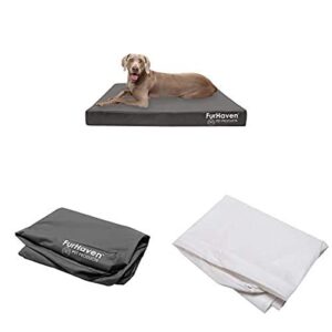 furhaven pet bundle jumbo plus stone gray cooling gel memory foam water-resistant indoor outdoor logo print mattress, extra dog bed cover, & water-resistant mattress liner for dogs & cats