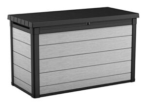 keter denali 200 gallon resin large deck box-organization and storage for patio furniture, outdoor cushions, garden tools and pool toys, grey & black