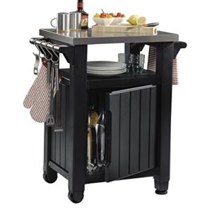 Keter Unity Portable Outdoor Table and Storage Cabinet with Hooks for Grill Accessories-Stainless Steel Top for Patio Kitchen Island or Bar Cart, Dark Grey