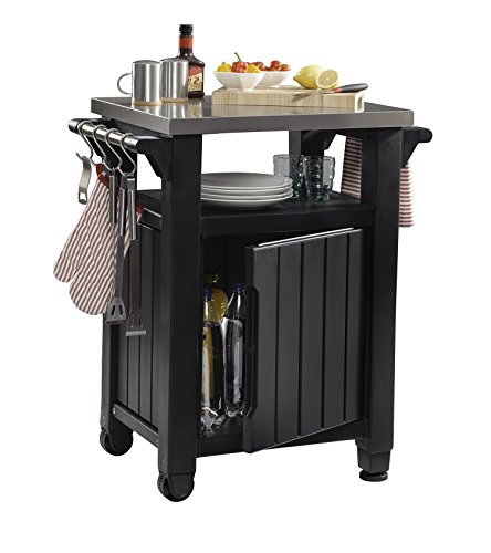 Keter Unity Portable Outdoor Table and Storage Cabinet with Hooks for Grill Accessories-Stainless Steel Top for Patio Kitchen Island or Bar Cart, Dark Grey