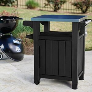 Keter Unity Portable Outdoor Table and Storage Cabinet with Hooks for Grill Accessories-Stainless Steel Top for Patio Kitchen Island or Bar Cart, Dark Grey