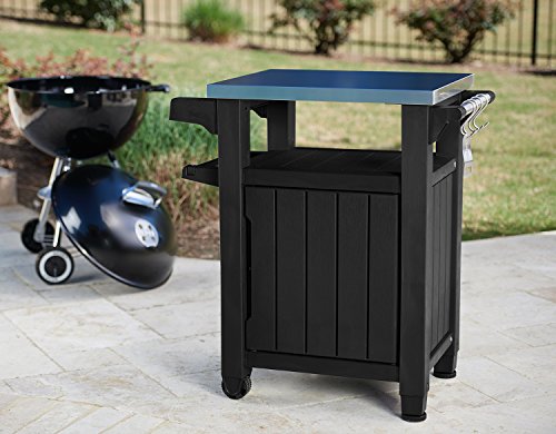 Keter Unity Portable Outdoor Table and Storage Cabinet with Hooks for Grill Accessories-Stainless Steel Top for Patio Kitchen Island or Bar Cart, Dark Grey