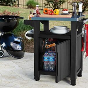 Keter Unity Portable Outdoor Table and Storage Cabinet with Hooks for Grill Accessories-Stainless Steel Top for Patio Kitchen Island or Bar Cart, Dark Grey