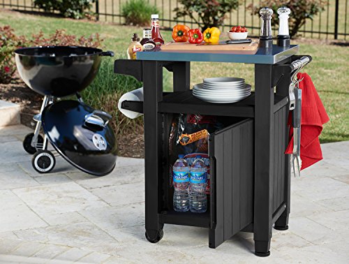 Keter Unity Portable Outdoor Table and Storage Cabinet with Hooks for Grill Accessories-Stainless Steel Top for Patio Kitchen Island or Bar Cart, Dark Grey