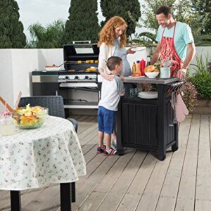 Keter Unity Portable Outdoor Table and Storage Cabinet with Hooks for Grill Accessories-Stainless Steel Top for Patio Kitchen Island or Bar Cart, Dark Grey