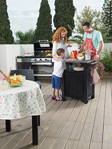 Keter Unity Portable Outdoor Table and Storage Cabinet with Hooks for Grill Accessories-Stainless Steel Top for Patio Kitchen Island or Bar Cart, Dark Grey