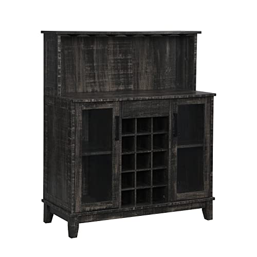 Home Source Bar Cabinet with Wine Rack and Glass Doors in Charcoal Finish