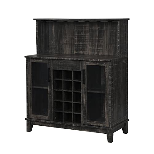 Home Source Bar Cabinet with Wine Rack and Glass Doors in Charcoal Finish