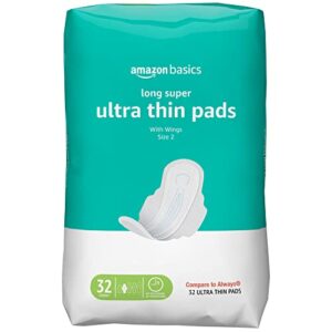 amazon basics ultra thin pads with flexi-wings for periods, long length, super absorbency, unscented, size 2, 32 count, 1 pack (previously solimo)