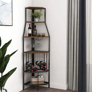 Espelism 5-Tier Corner Wine Rack Freestanding Floor with Glass Holder and Bottles Wine Storage Home Bar Furniture for Home Kitchen Dining Room Industrial Metal and Wooden Corner Shelf