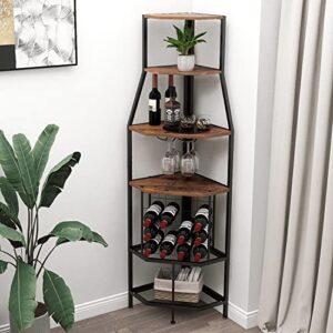 espelism 5-tier corner wine rack freestanding floor with glass holder and bottles wine storage home bar furniture for home kitchen dining room industrial metal and wooden corner shelf