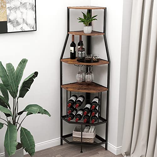 Espelism 5-Tier Corner Wine Rack Freestanding Floor with Glass Holder and Bottles Wine Storage Home Bar Furniture for Home Kitchen Dining Room Industrial Metal and Wooden Corner Shelf