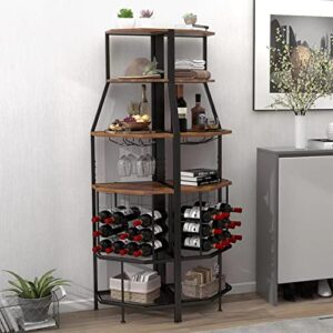 Espelism 5-Tier Corner Wine Rack Freestanding Floor with Glass Holder and Bottles Wine Storage Home Bar Furniture for Home Kitchen Dining Room Industrial Metal and Wooden Corner Shelf