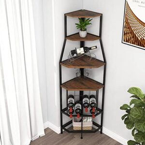 Espelism 5-Tier Corner Wine Rack Freestanding Floor with Glass Holder and Bottles Wine Storage Home Bar Furniture for Home Kitchen Dining Room Industrial Metal and Wooden Corner Shelf