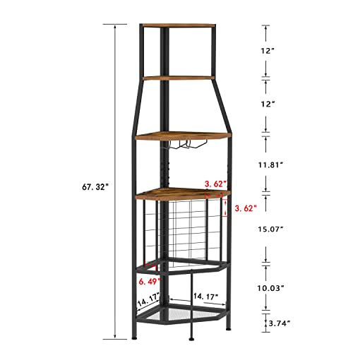 Espelism 5-Tier Corner Wine Rack Freestanding Floor with Glass Holder and Bottles Wine Storage Home Bar Furniture for Home Kitchen Dining Room Industrial Metal and Wooden Corner Shelf