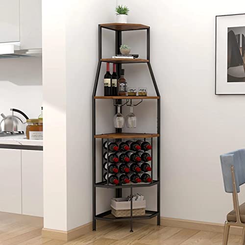 Espelism 5-Tier Corner Wine Rack Freestanding Floor with Glass Holder and Bottles Wine Storage Home Bar Furniture for Home Kitchen Dining Room Industrial Metal and Wooden Corner Shelf