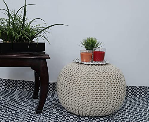 FRELISH DECOR Round Pouf Ottoman Hand Knitted Cotton Poufs Footrest,Foot Stool, Knit Bean Bag Floor Chair for Bed Room Living Room | Accent Seat | Boho Decor | Stuffed Pouffe (20x20x14 Inch, Natural)