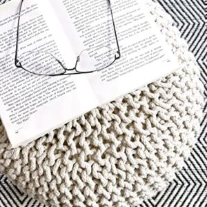 FRELISH DECOR Round Pouf Ottoman Hand Knitted Cotton Poufs Footrest,Foot Stool, Knit Bean Bag Floor Chair for Bed Room Living Room | Accent Seat | Boho Decor | Stuffed Pouffe (20x20x14 Inch, Natural)