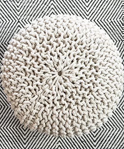 FRELISH DECOR Round Pouf Ottoman Hand Knitted Cotton Poufs Footrest,Foot Stool, Knit Bean Bag Floor Chair for Bed Room Living Room | Accent Seat | Boho Decor | Stuffed Pouffe (20x20x14 Inch, Natural)