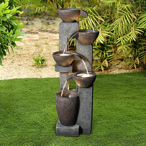 Naturefalls 5-Tier Outdoor Water Fountains with LED Lights - 39”H Floor Standing Indoor Water Fountains for Garden, Patio, Deck, Porch - Yard Art Decor (Grey, 39H inches)