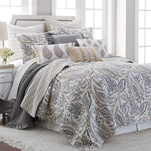 Levtex Home - Tamsin Grey Quilt Set - Full/Queen Quilt + Two Standard Pillow Shams - Modern Paisley - Grey Taupe Off-White - Quilt Size (88x92in.) and Pillow Sham Size (26x20in.) - Reversible - Cotton