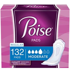 poise incontinence pads for women, moderate absorbency, regular length, 132 count (2 packs of 66) (packaging may vary)