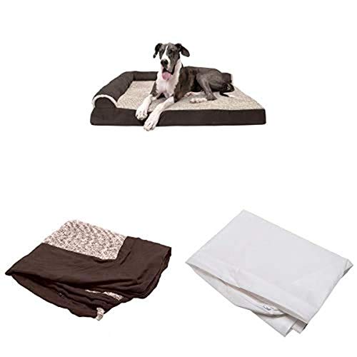 Furhaven Pet Bundle - Jumbo Plus Espresso Deluxe Orthopedic Two-Tone Plush Faux Fur & Suede L Shaped Chaise, Extra Dog Bed Cover, & Water-Resistant Mattress Liner for Dogs & Cats