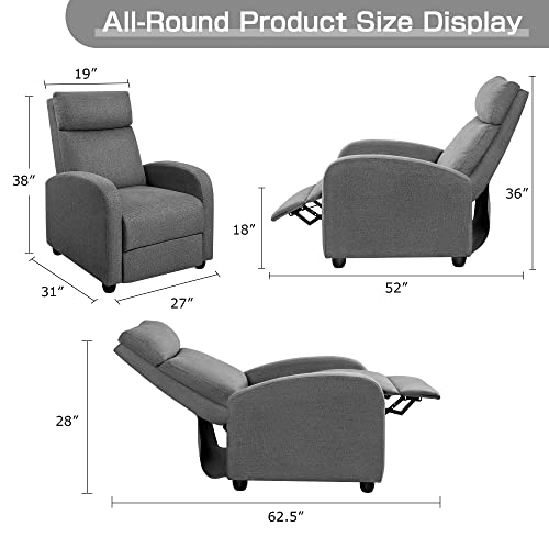 Rankok Recliner Chair Ergonomic Adjustable Single Fabric Sofa with Thicker Seat Cushion Modern Home Theater Seating for Living Room (Light Gray)