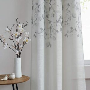 central park leaf floral print metallic sheer linen window curtain panel for rustic living room/bedroom sparkling decorative 6 grommets top drape farmhouse curtains,gray tan,40″ x 95″x2, 2 pk