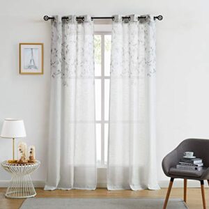 Central Park Leaf Floral Print Metallic Sheer Linen Window Curtain Panel for Rustic Living Room/Bedroom Sparkling Decorative 6 Grommets Top Drape Farmhouse Curtains,Gray Tan,40" x 95"x2, 2 PK