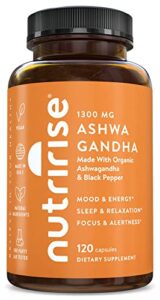 nutririse organic ashwagandha root capsules with black pepper, 1300mg, natural stress & mood, thyroid, and immune support supplement, nootropic for focus & energy, gluten free, 120 count