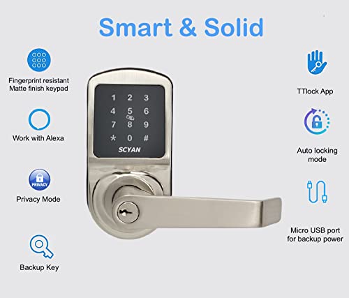 Smart Door Lock, Keyless Door Lock, SCYAN X2 Handle Lock with Touchscreen Keypad Access, Auto Locking, for Home, Office, Airbnb, Rental House (Satin Nickel)