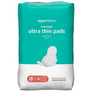 amazon basics ultra thin pads with flexi-wings for periods, overnight absorbency, unscented, size 4, 28 count, 1 pack (previously solimo)